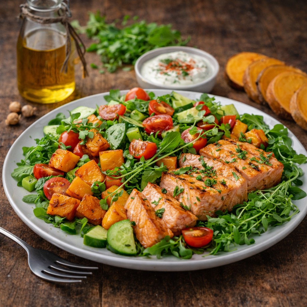 🥗 Salát s lososem, batátem a čerstvou zeleninou | DIABOX.cz